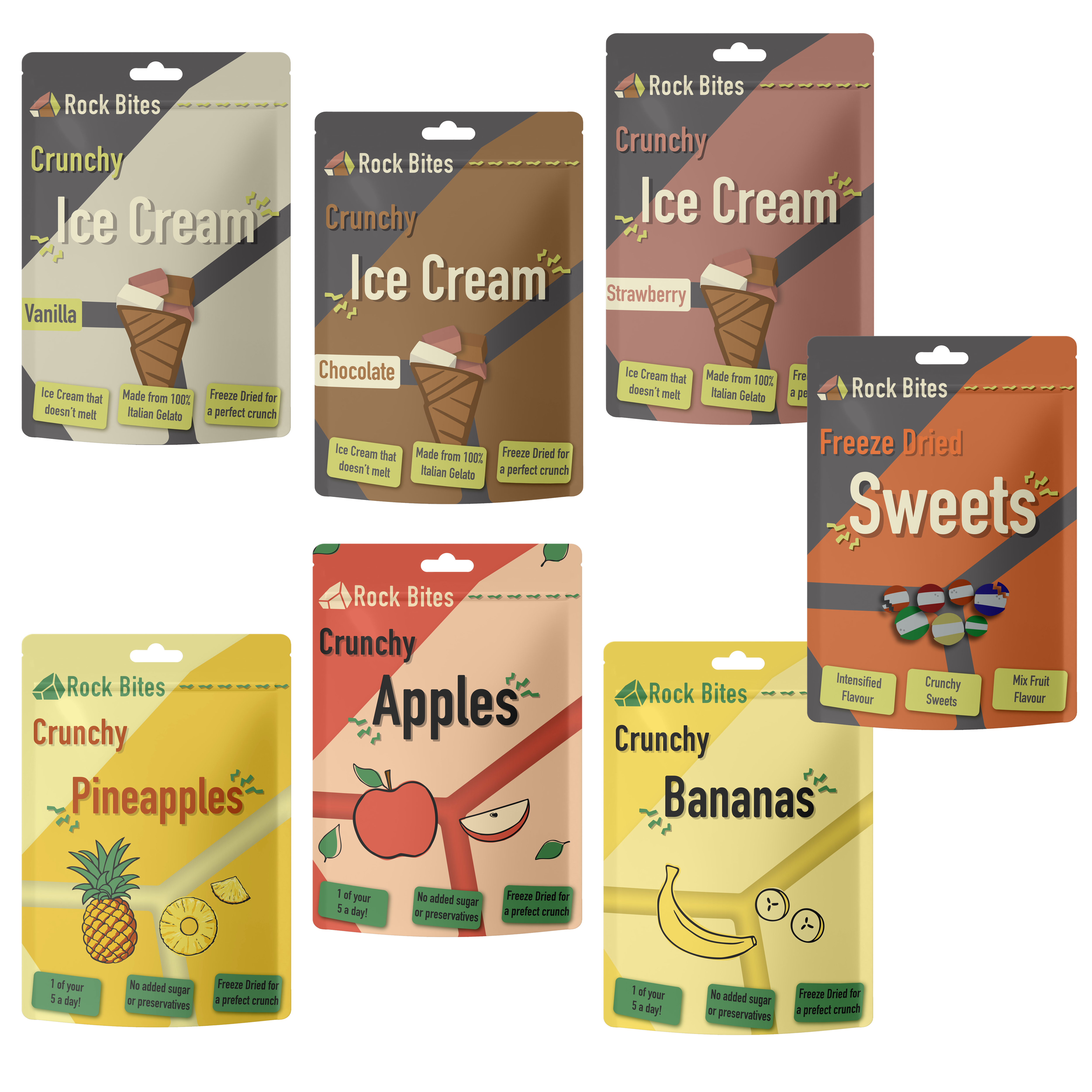 Rock Bites Crunch Box - 3 Ice Cream, 3 Fruits , 1 Sweets (7 Bags)